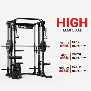 GMWD All-In-One Smith Machine with Functional Trainer, 1:1 Ratio Pulley ...