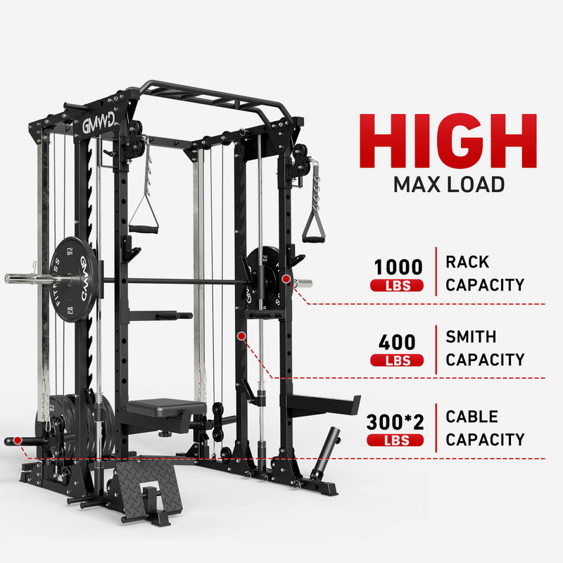 GMWD All-In-One Smith Machine with Functional Trainer, 1:1 Ratio Pulley ...